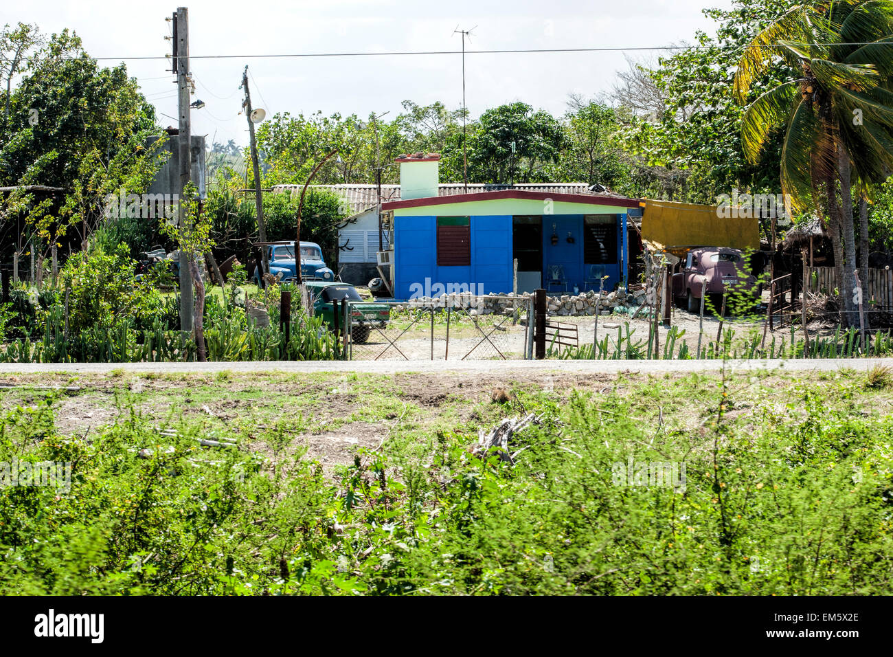 Blue shack house by the side of the railway in a remote part of Cuba ...