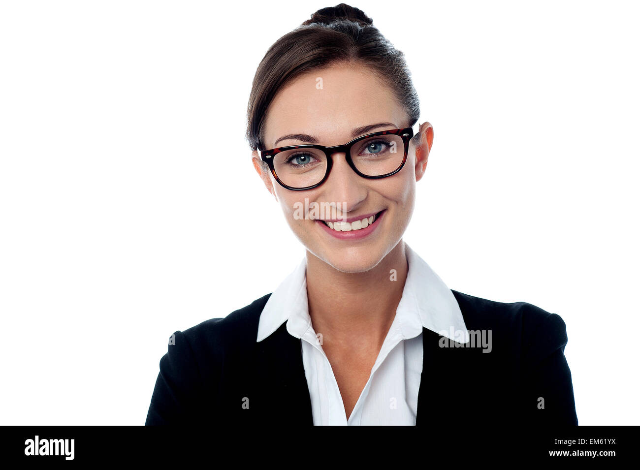 Cheerful bespectacled corporate woman Stock Photo - Alamy