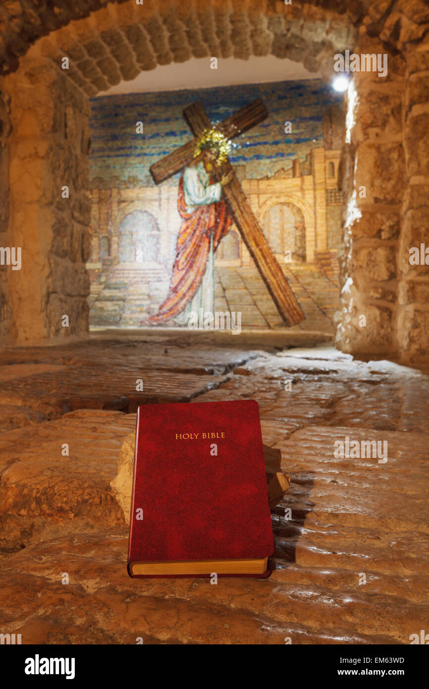 Israel, Close-up of Bible and mural with Jesus Christ; Jerusalem Stock ...