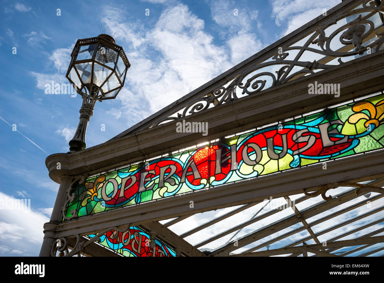 Coloured glass sign at the Buxton Opera House in Derbyshire on a sunny ...