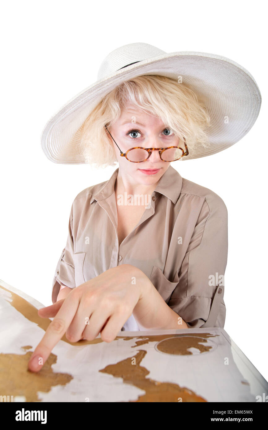 Cute Lady Pointing at Map Stock Photo - Alamy