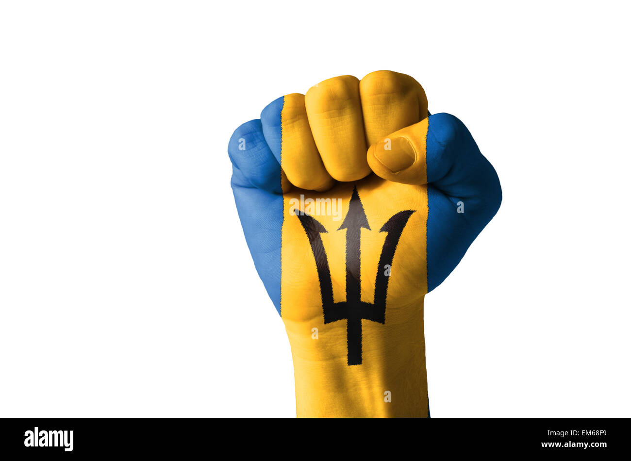 Low key picture of a fist painted in colors of barbados flag Stock ...