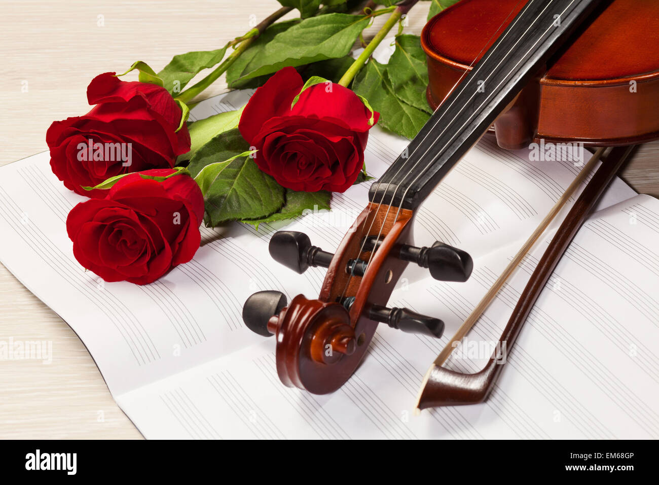 Red roses and a violin Stock Photo - Alamy