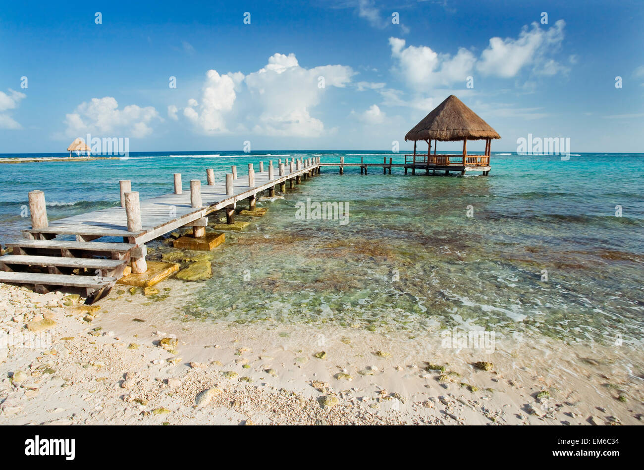 Mexico, Yucatan Peninsula, Tulum, Pier Over Turquoise Ocean Stock Photo ...
