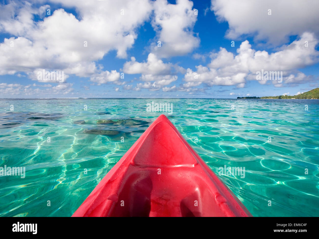 French Polynesia, Tahiti, Bora Bora, Red Outrigger Canoe In Calm ...