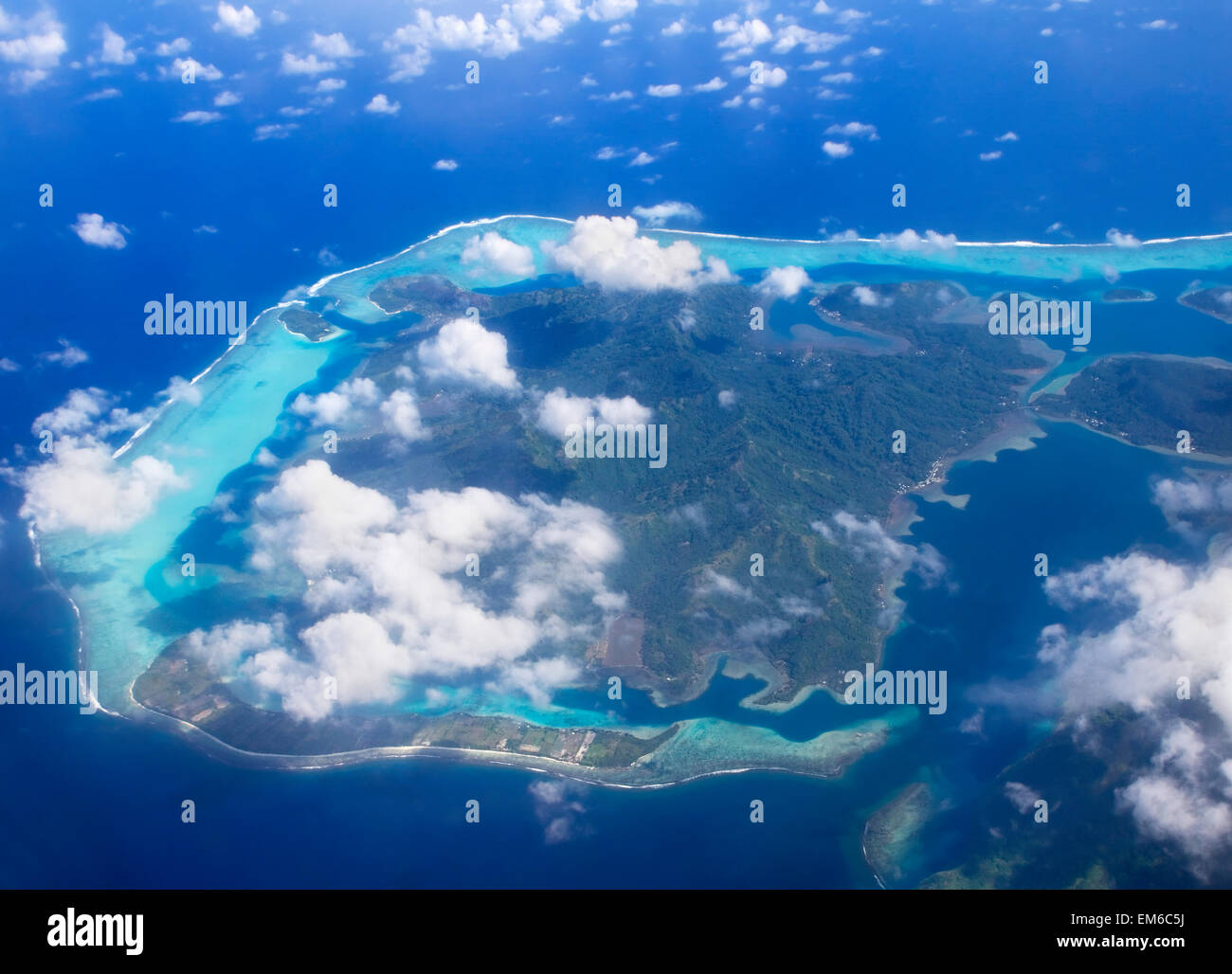 French Polynesia, Aerial Over Atoll, View From Above Small White Clouds ...