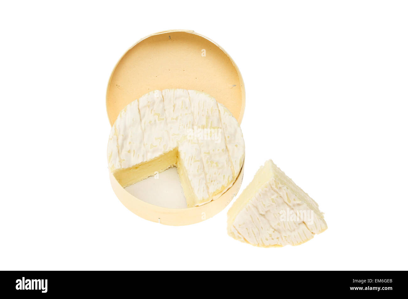 Round of camembert cheese in a box with a slice cut out isolated ...