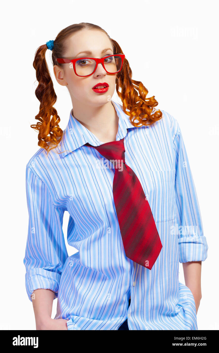 Teenager girl in red glasses Stock Photo - Alamy