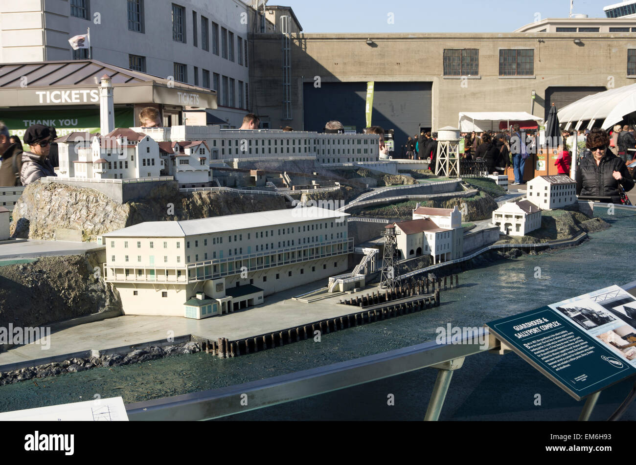 Alcatraz plaza, visitors look at model of the island prison while ...