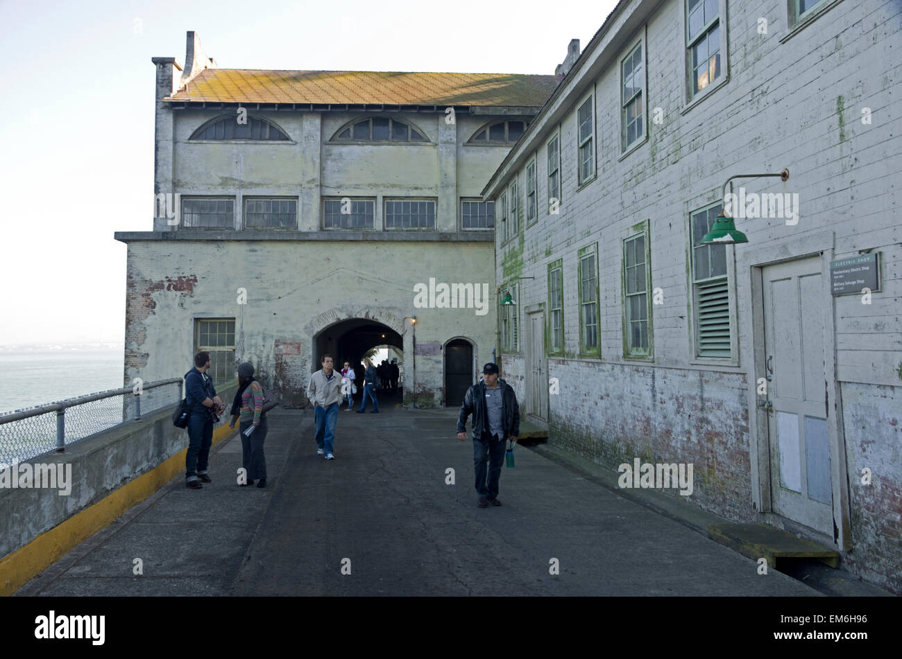 Alcatraz, tourist walk up hill to prison cell entrance. San Francisco ...