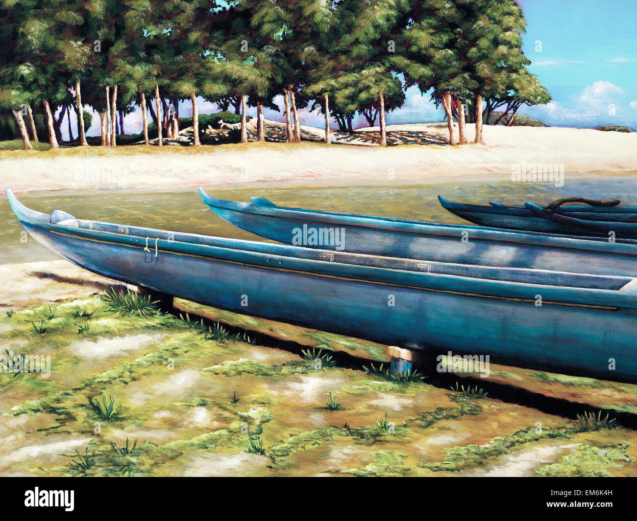 Biding Time - Blue Outrigger Canoes (Acrylic Painting Stock Photo - Alamy