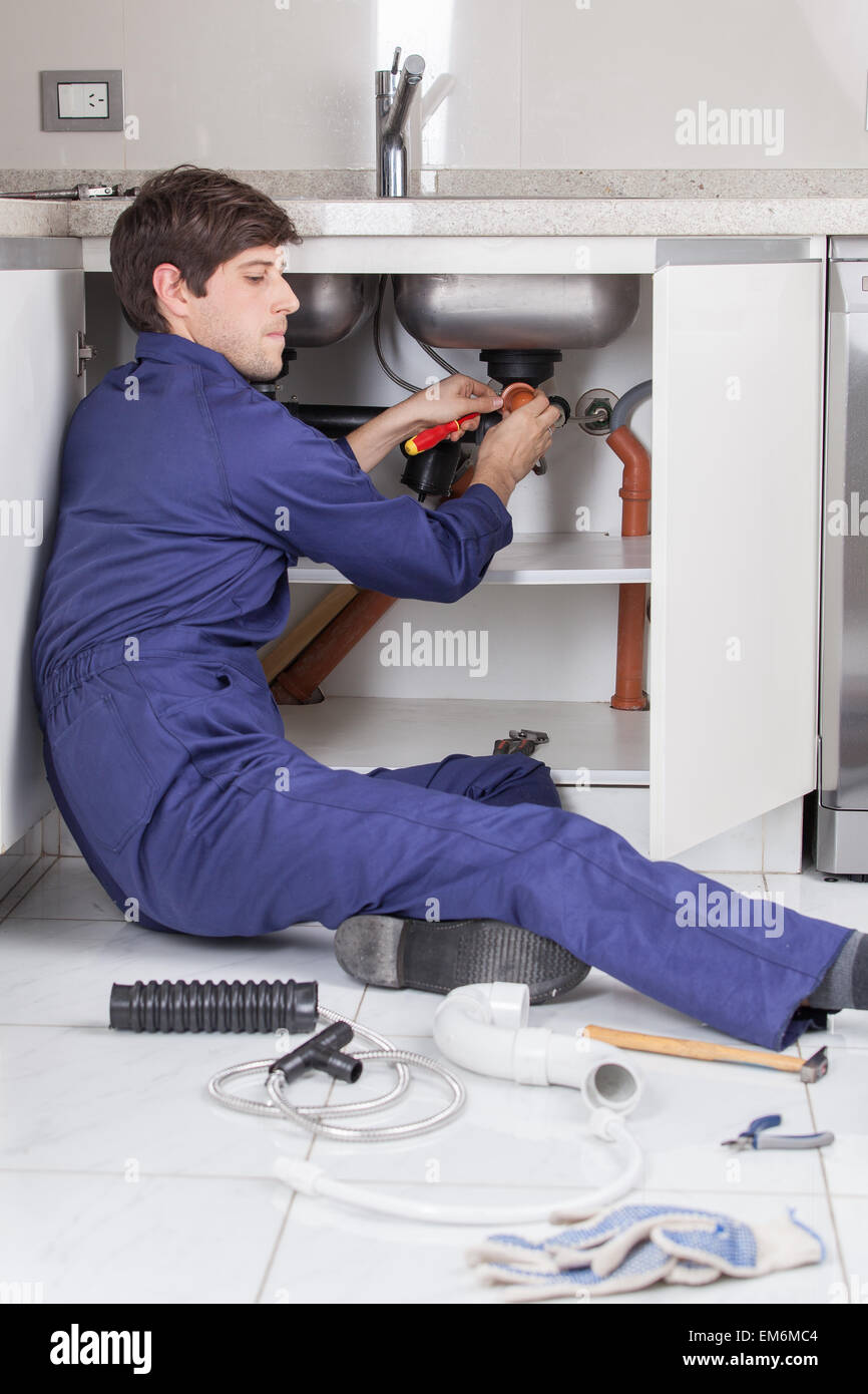 plumber fixing the kitchen Stock Photo - Alamy