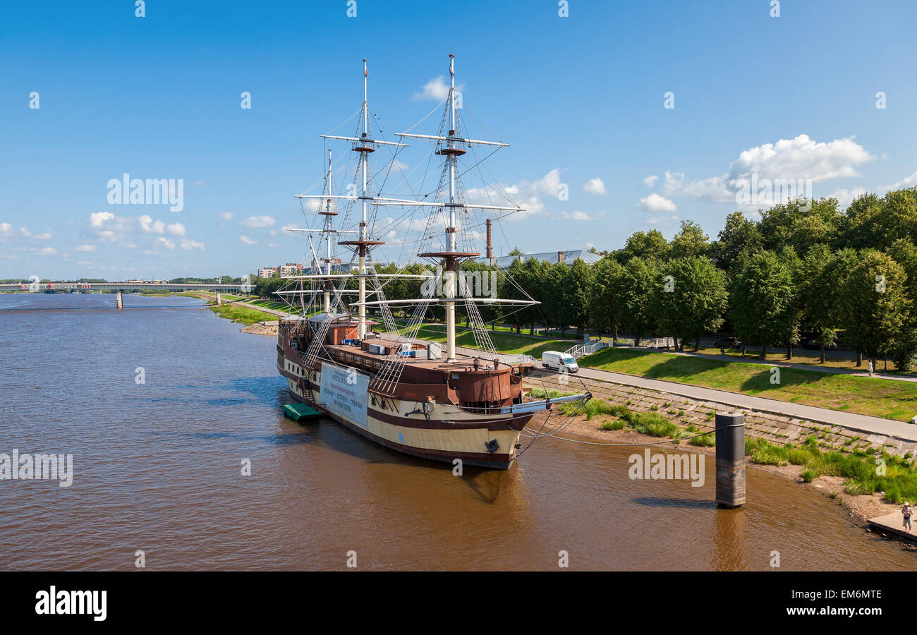 Old sailing ship on river Volhov in summer day. Novgorod Veliky is ...