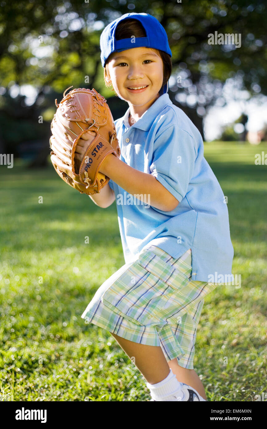 Young Japanese Child Posing For Portrait With Baseball Glove Stock ...