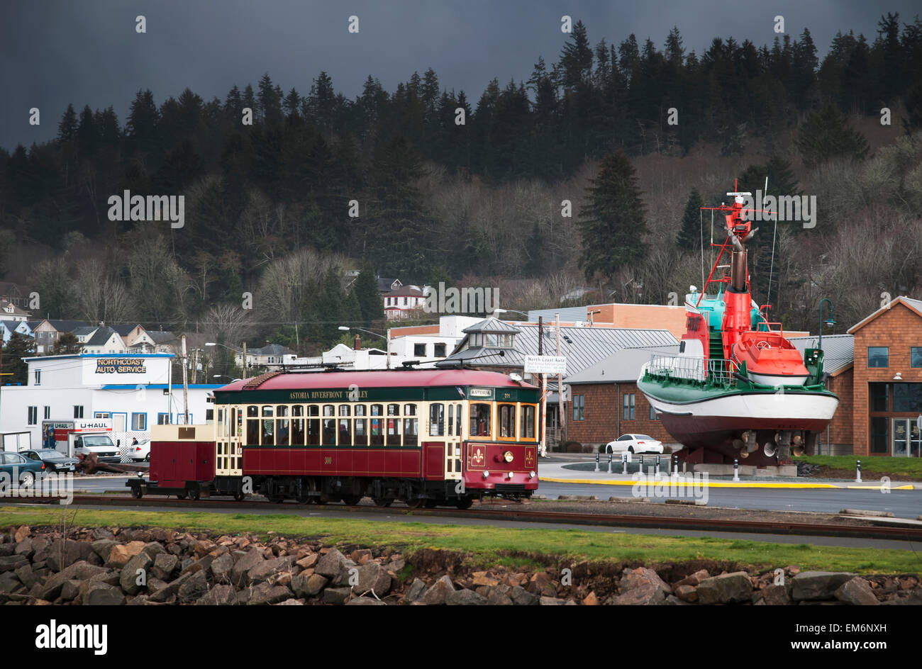 The trolley along the riverfront; Astoria, Oregon, United States of ...