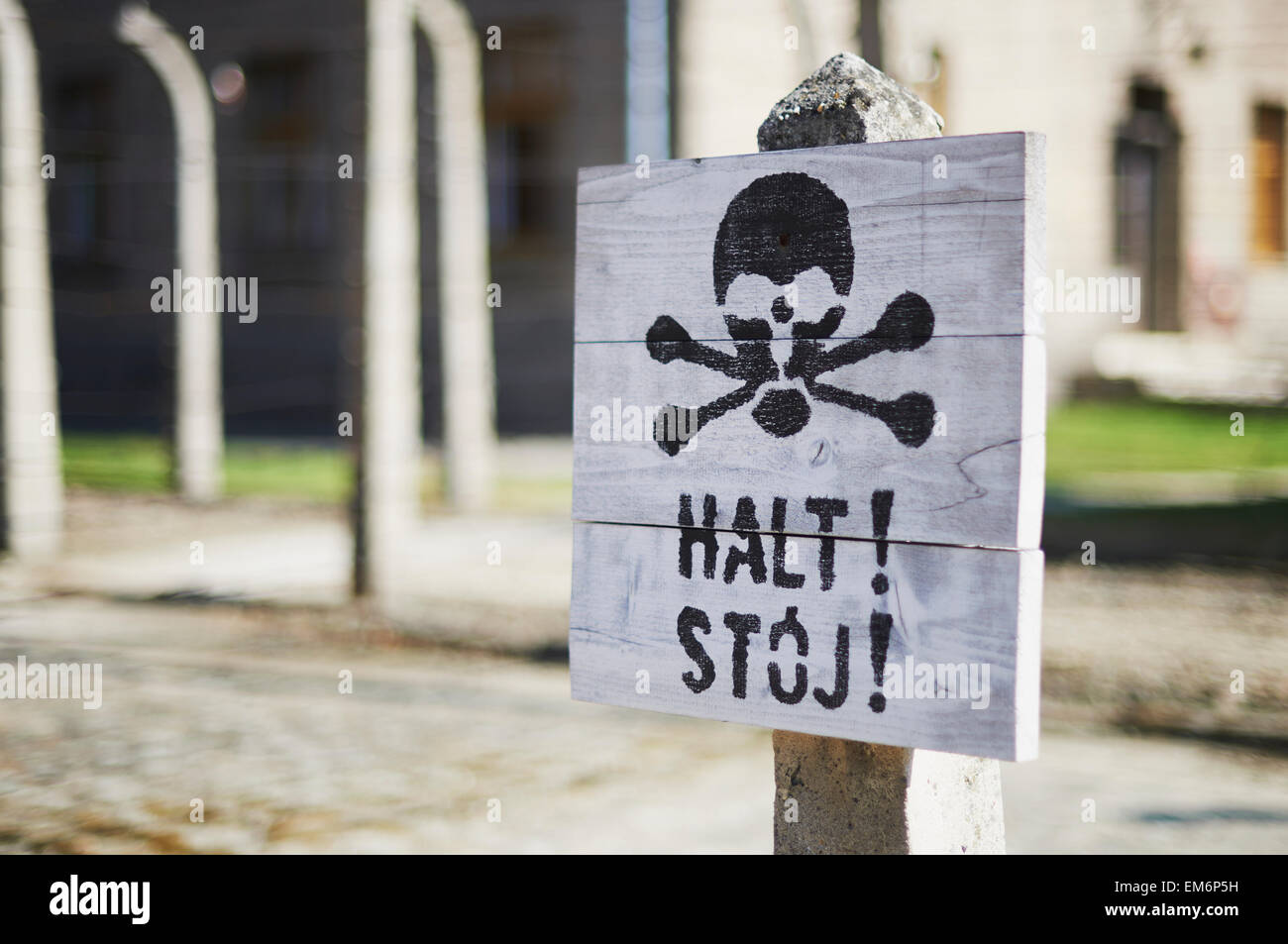 Danger sign in Auschwitz concentration camp; Osweciem, Poland Stock ...