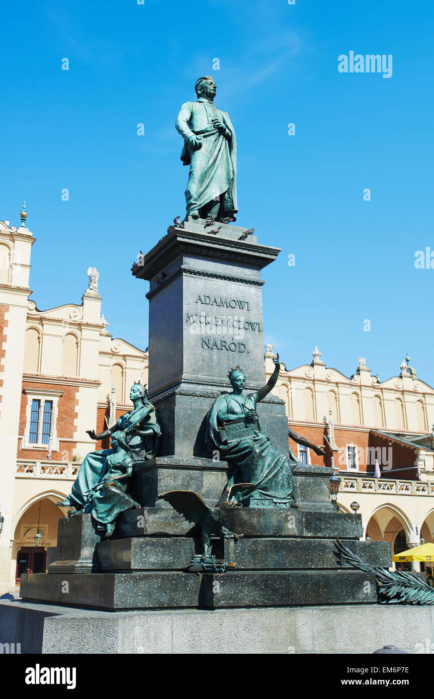Statue of Adam Mickiewicz in Rynek Glowny in front of old cloth guild ...