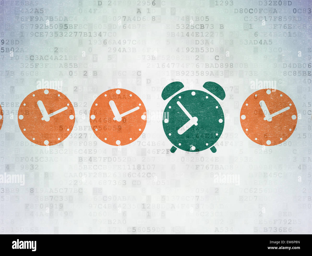 Timeline concept: green alarm clock icon on digital background Stock ...