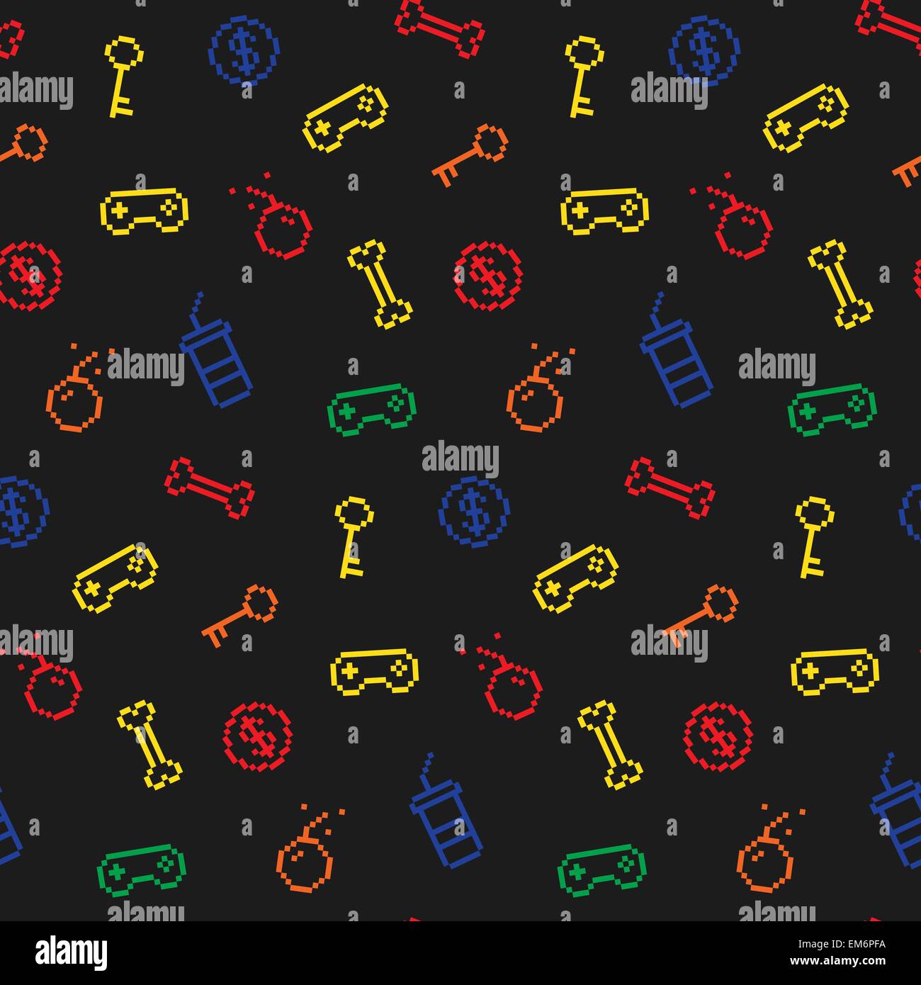 Seamless oldschool gaming inspired pattern, game icons, achievements ...