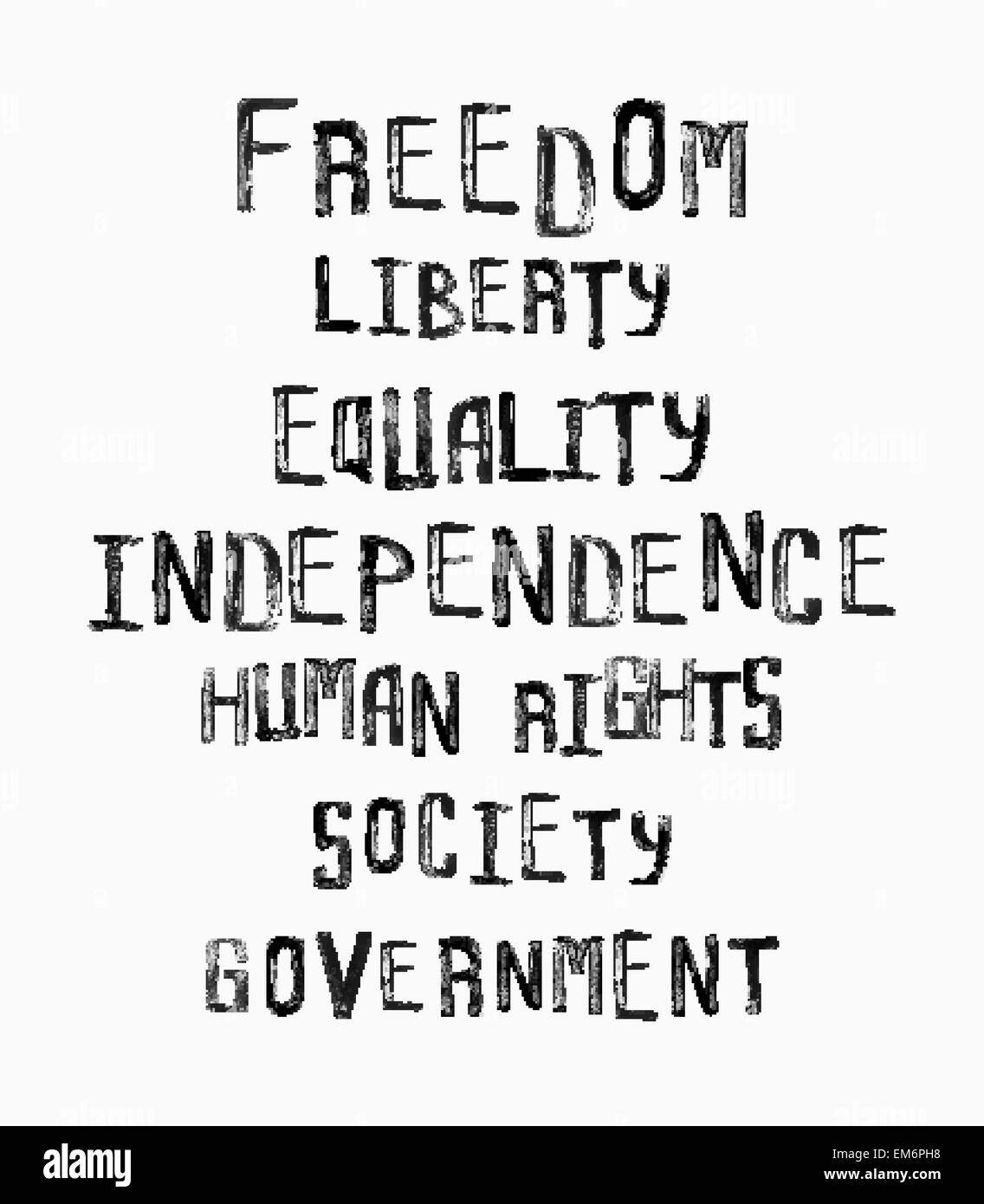 Freedom, independence, equality concept, word cloud in uneven vintage ...