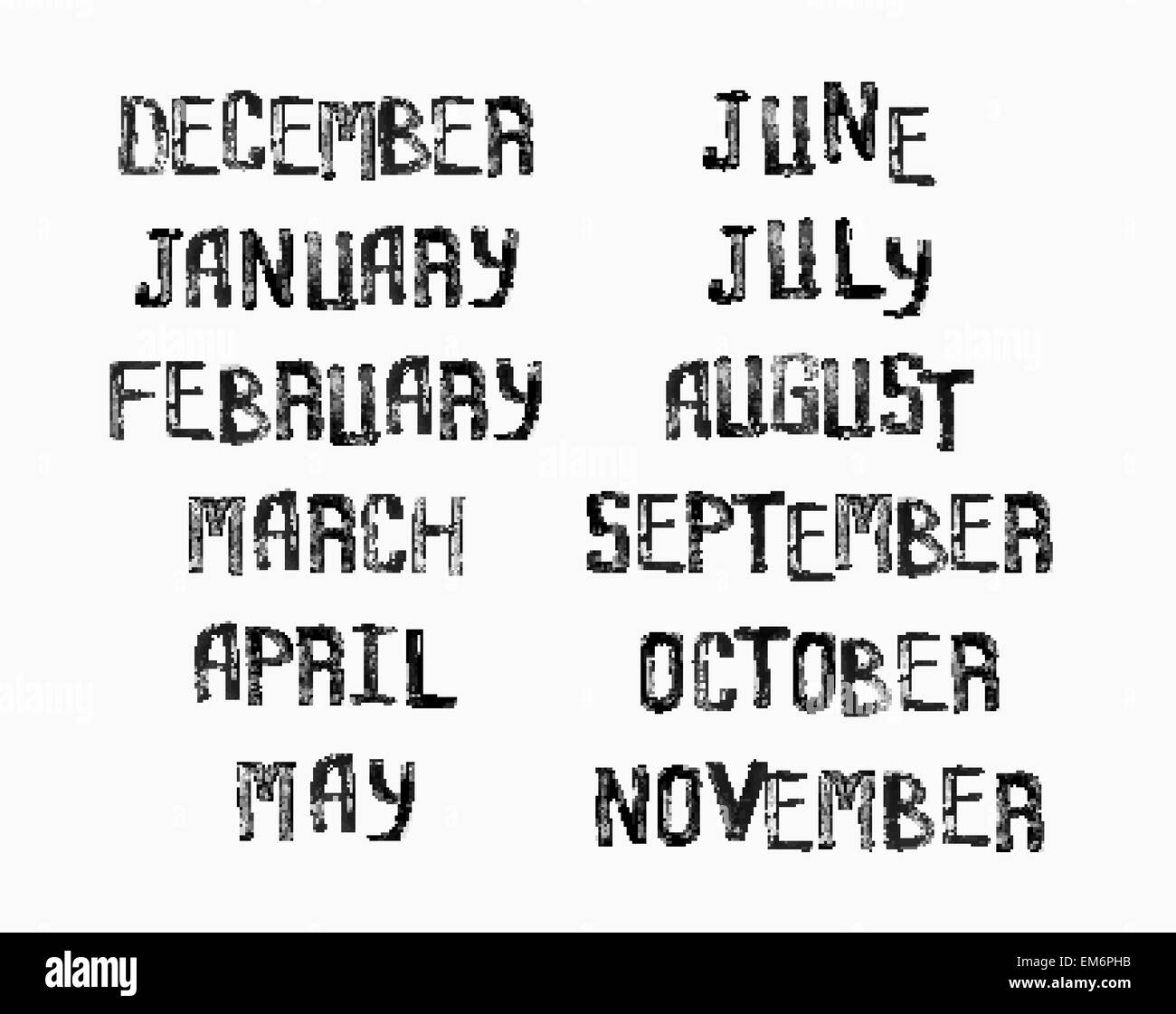 Names of months of the year, vintage grunge typographic, uneven stamp ...