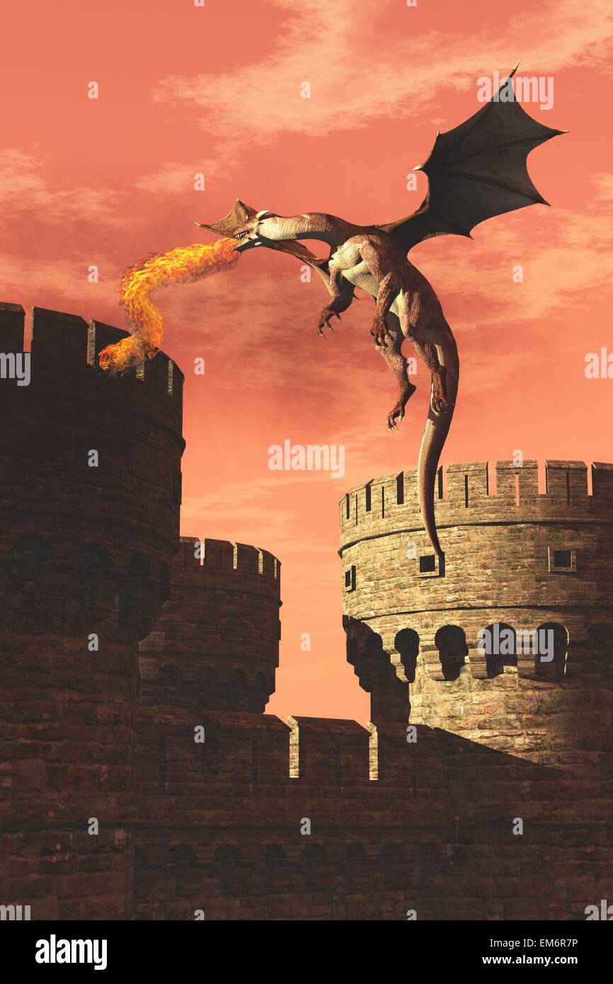 Fire breathing dragon in flight attacking medieval castle under orange ...