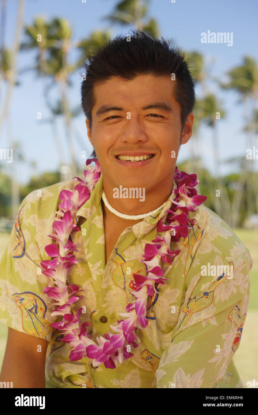 Hawaii, Oahu, Japanese Man Wearing Lei, Palm Trees In Background Stock ...