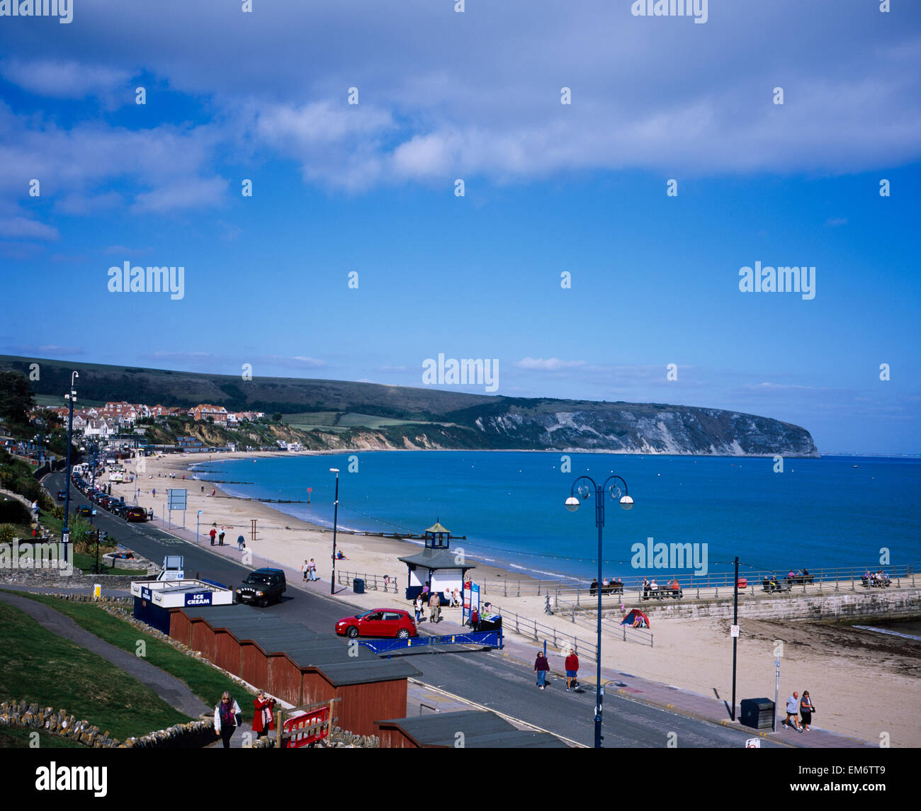The beach and seafront at the town and holiday resort of Swanage Isle ...