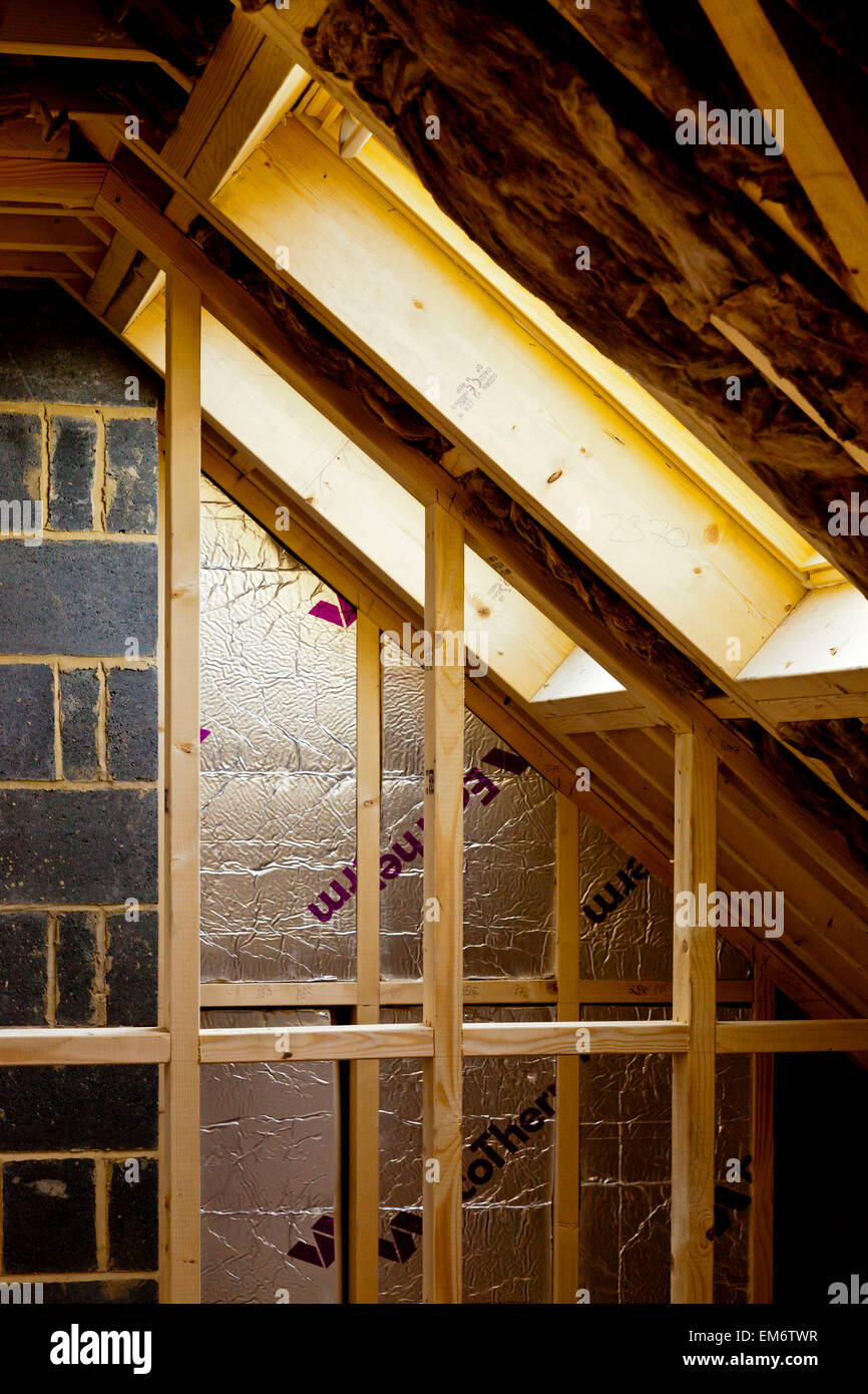 Interior of new building under construction showing insulation material ...