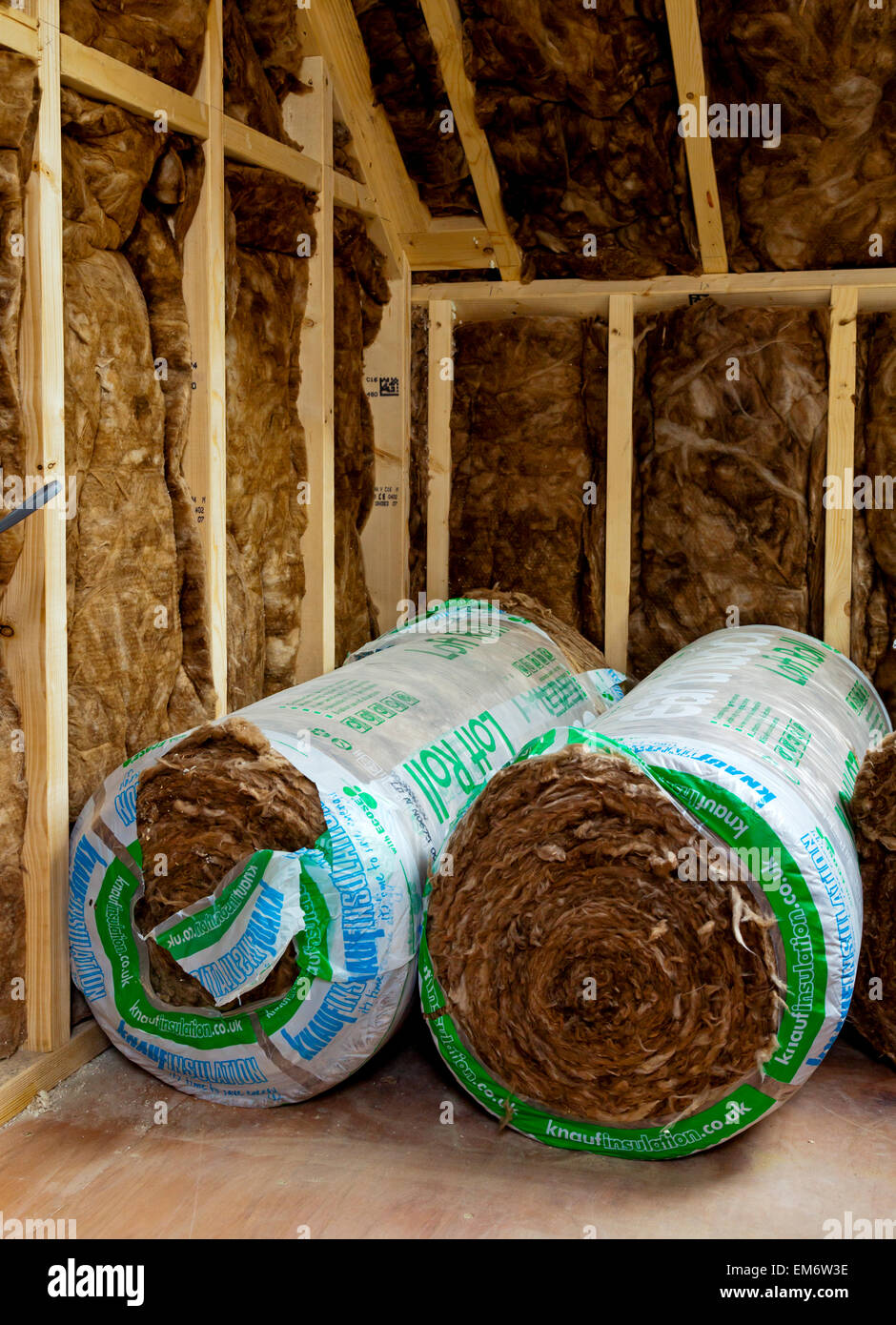 Building materials in a roof area on a building site showing insulation ...