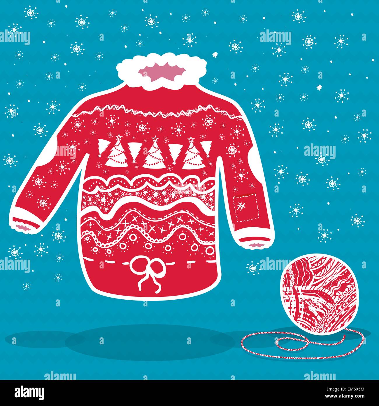 Red knitted christmas sweater and a ball of yarn on blue background ...