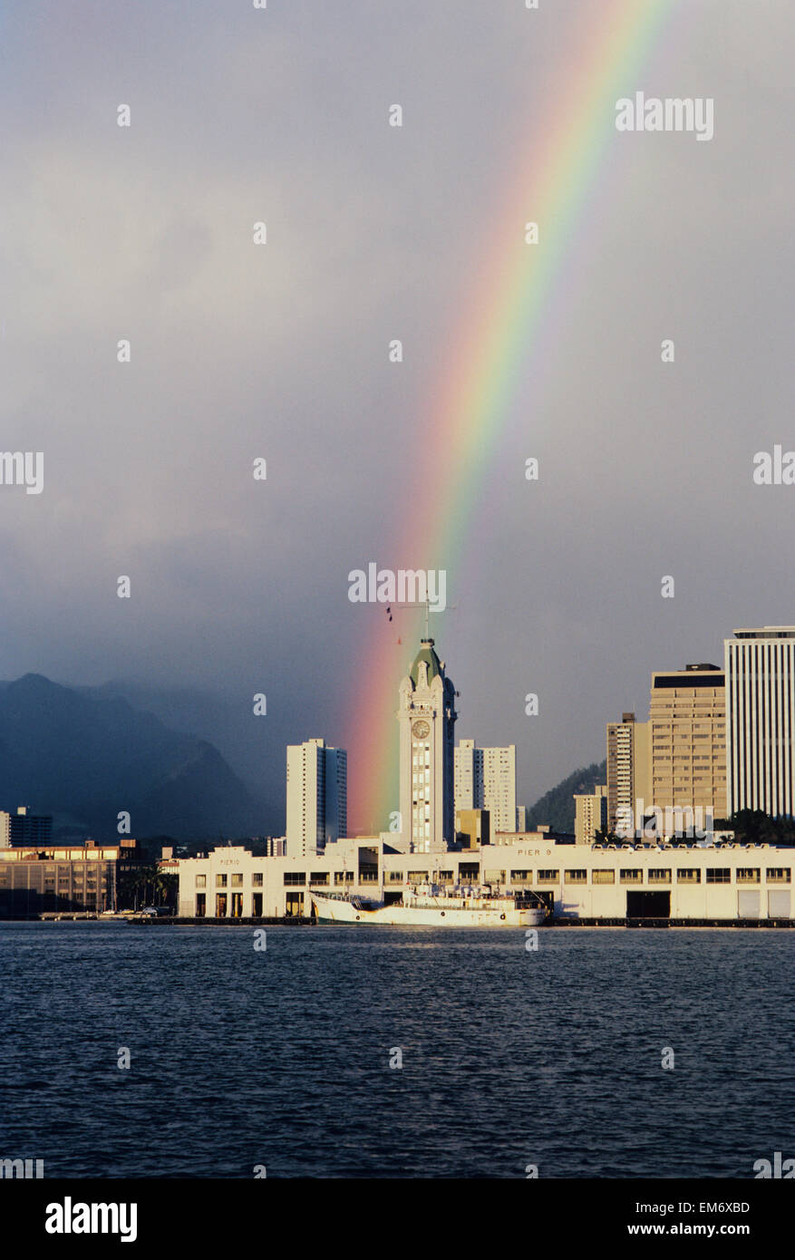 Hawaii, Oahu, Honolulu, rainbow over Aloha Tower before Marketplace was ...