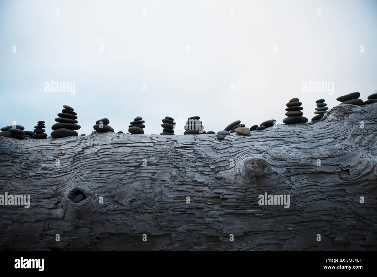 A log with piles of rocks stacked by people on Ruby Beach; Washington ...
