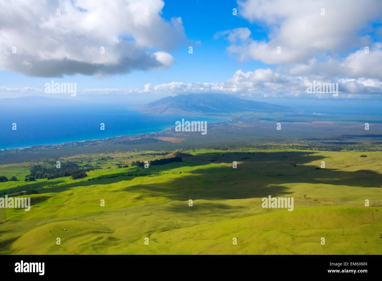 Hawaii, Maui, Lush meadows of the Ulupalakua Ranch looking towards the ...