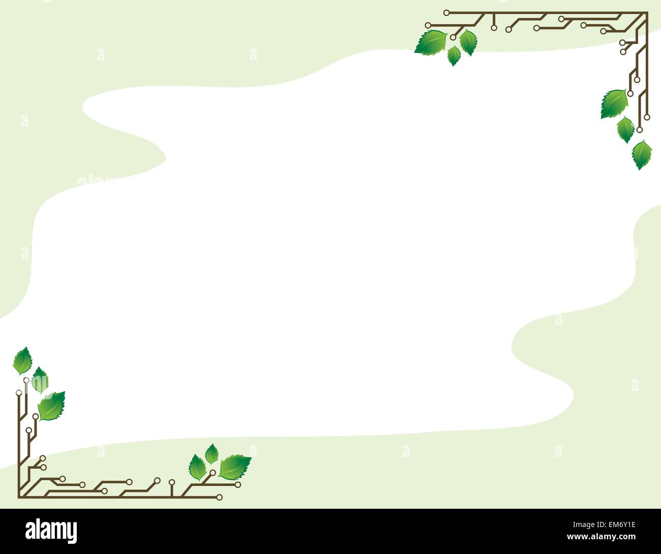 a light green background frame with birch leaves and electronic ...
