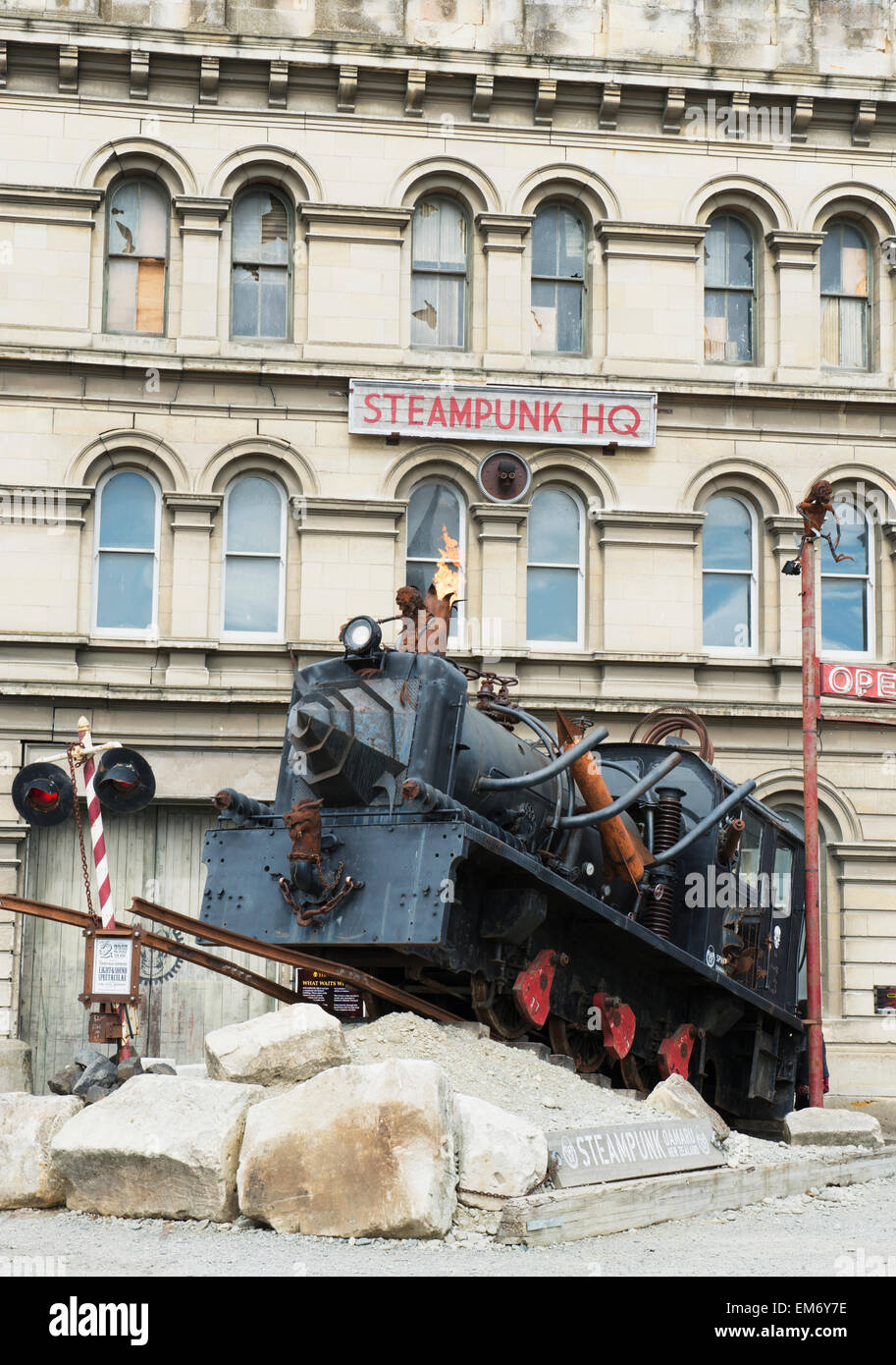 Train sculpture in front of the Steampunk HQ; Oamaru, South Island, New ...