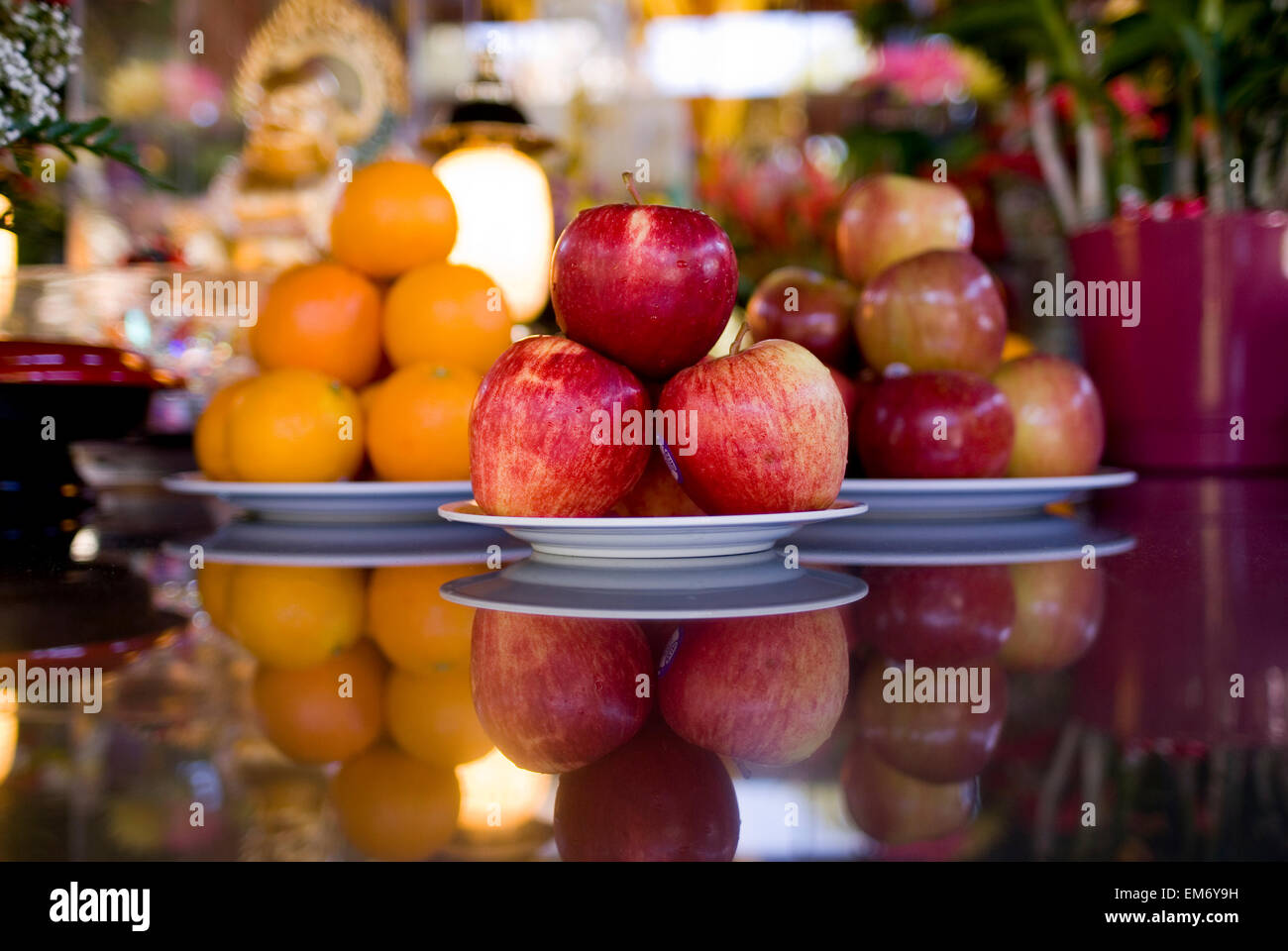 Hawaii, Oahu, Honolulu, Close-up of offerings of fruit that adorn the ...