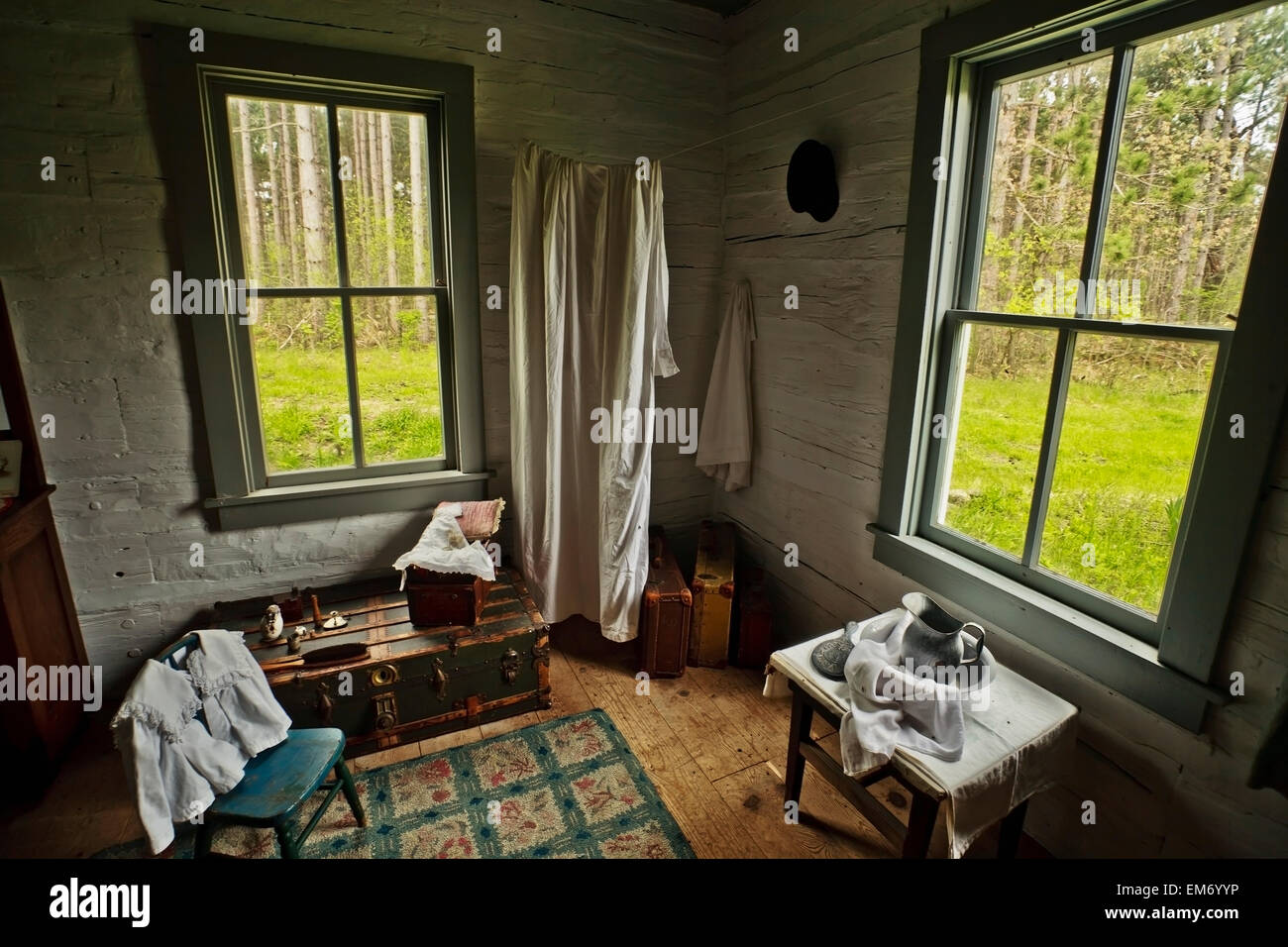 Inside rustic cabin at Old World Wisconsin; Eagle, Wisconsin, United ...
