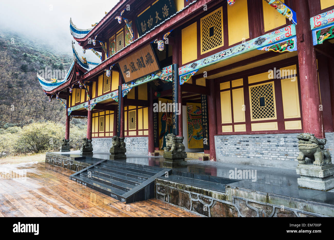 An ancient Tibetan Buddhist temple at the top of the Huanglong valley ...