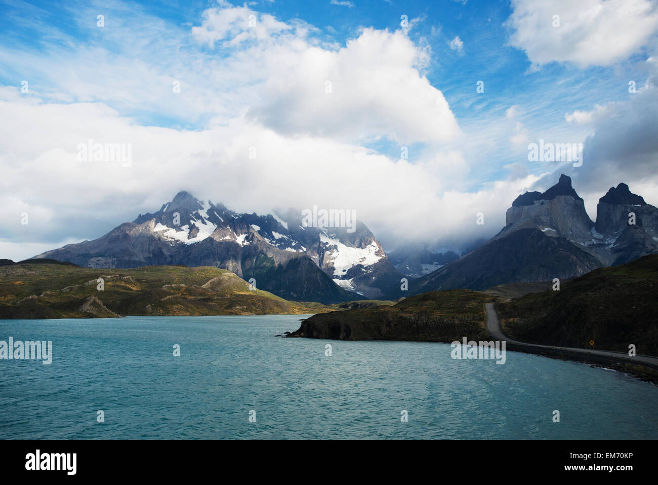 Waterway and mountain ranges in Torres del Paine National Park; Torres ...