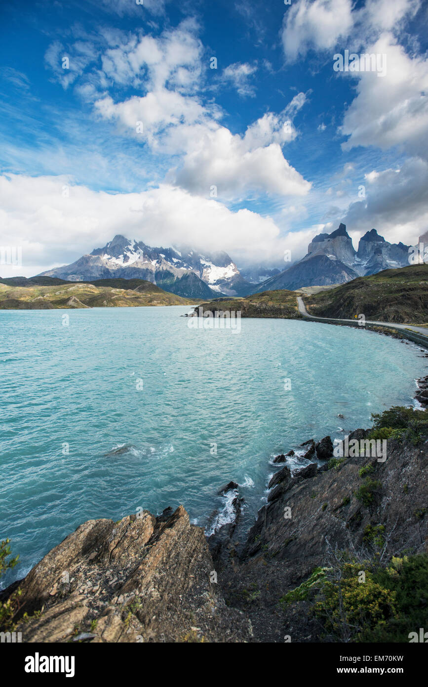 Waterway and mountain ranges in Torres del Paine National Park; Torres ...