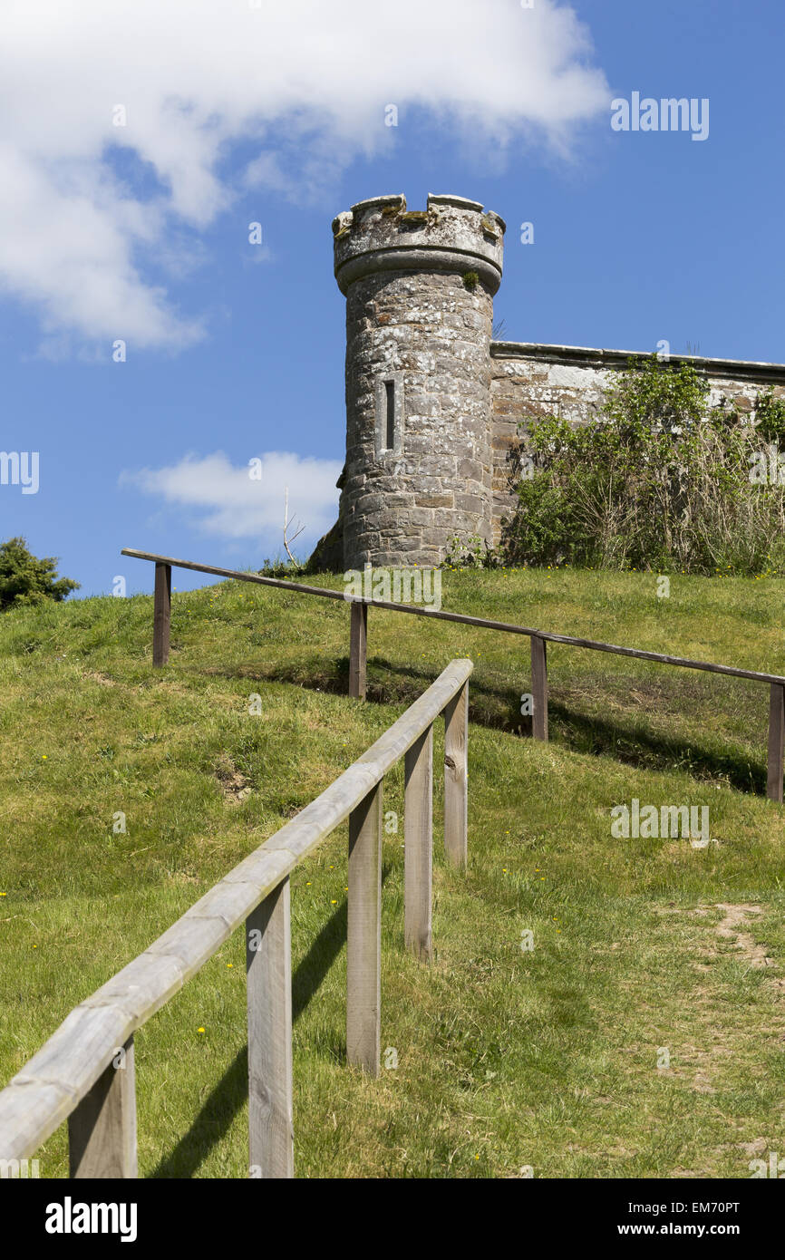 A lookout tower at the corner of a wall; Scottish Borders, Scotland ...