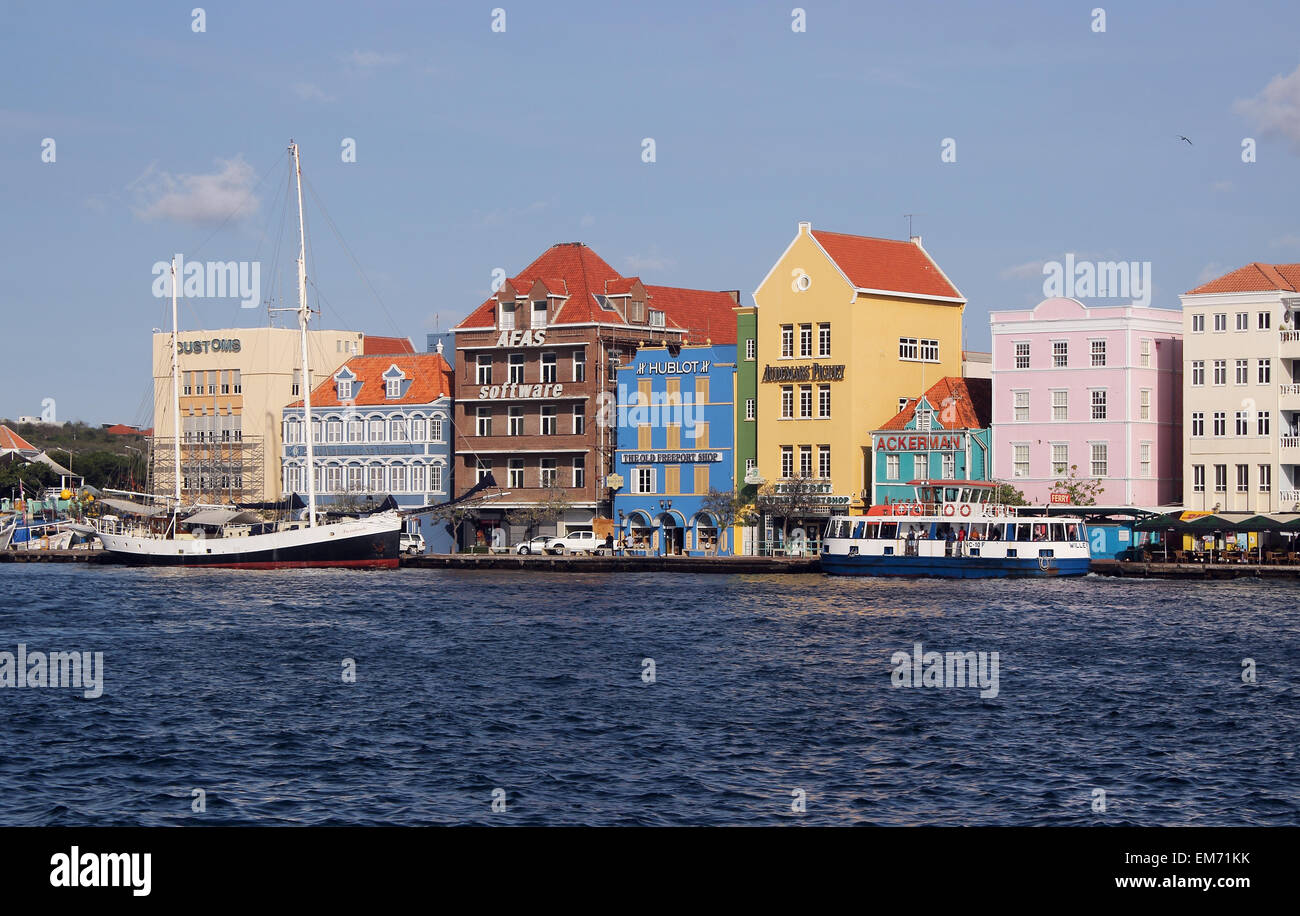 The colorful Dutch architecture of the Willemstad waterfront in Curacao ...
