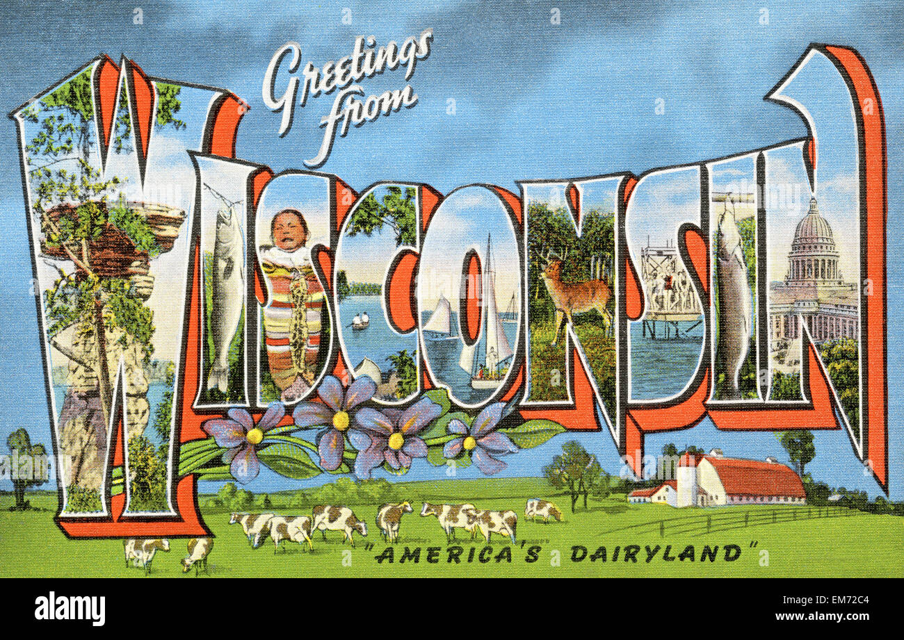 Large letter "Greetings from Wisconsin " state name vintage postcard ca ...