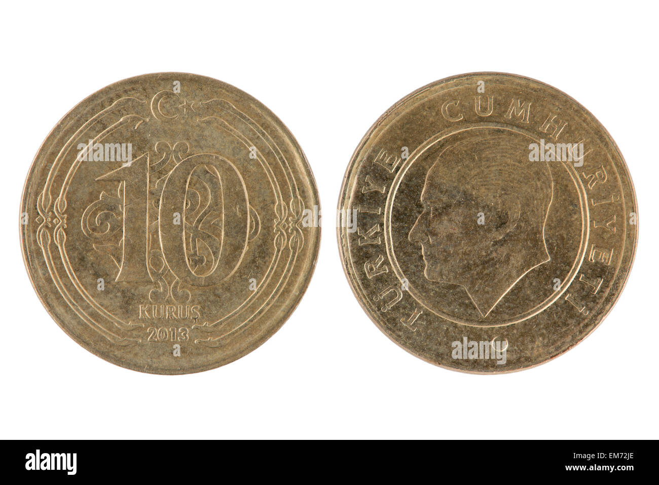 Front and Back view of a Turkish 10 Kurus Coin on a white background ...