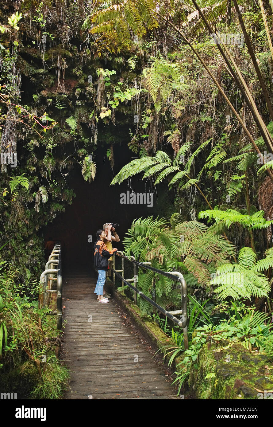 USA, Big Island. Hawaii Islands, Couple at entrance to Thurston Lava ...