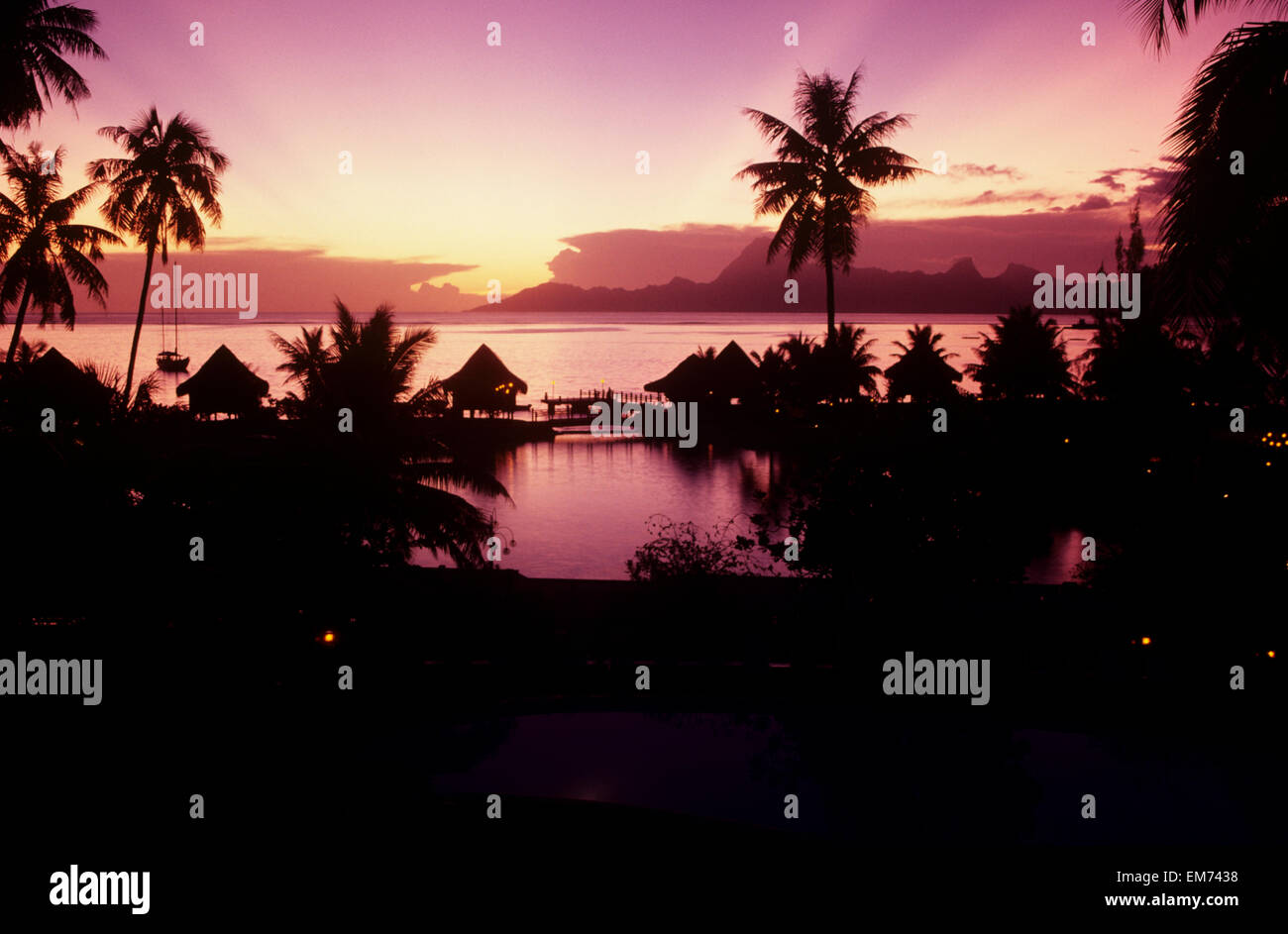 French Polynesia, Papeete, Tahiti Beachcomber Hotel Silhouetted At ...