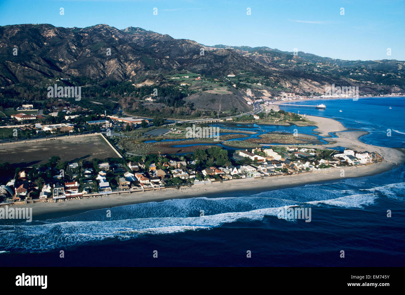 California, Malibu Colony, Aerial Of Buildings Along Shoreline Stock ...