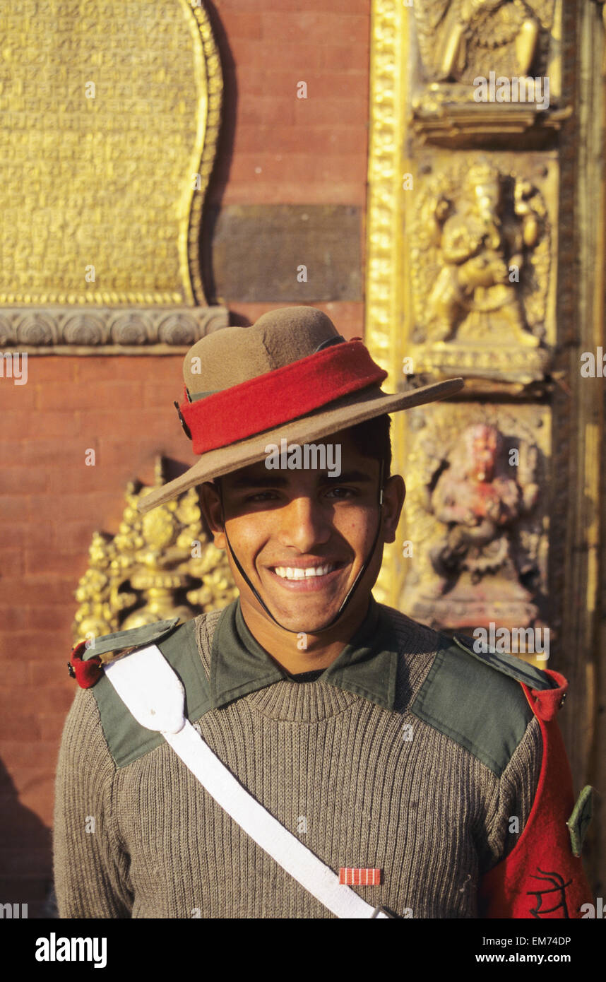 Nepal, Bhaktapur, Durbar Square, Headshot Of Smiling Nepalese Guard, Afternoon Lighting Stock ...