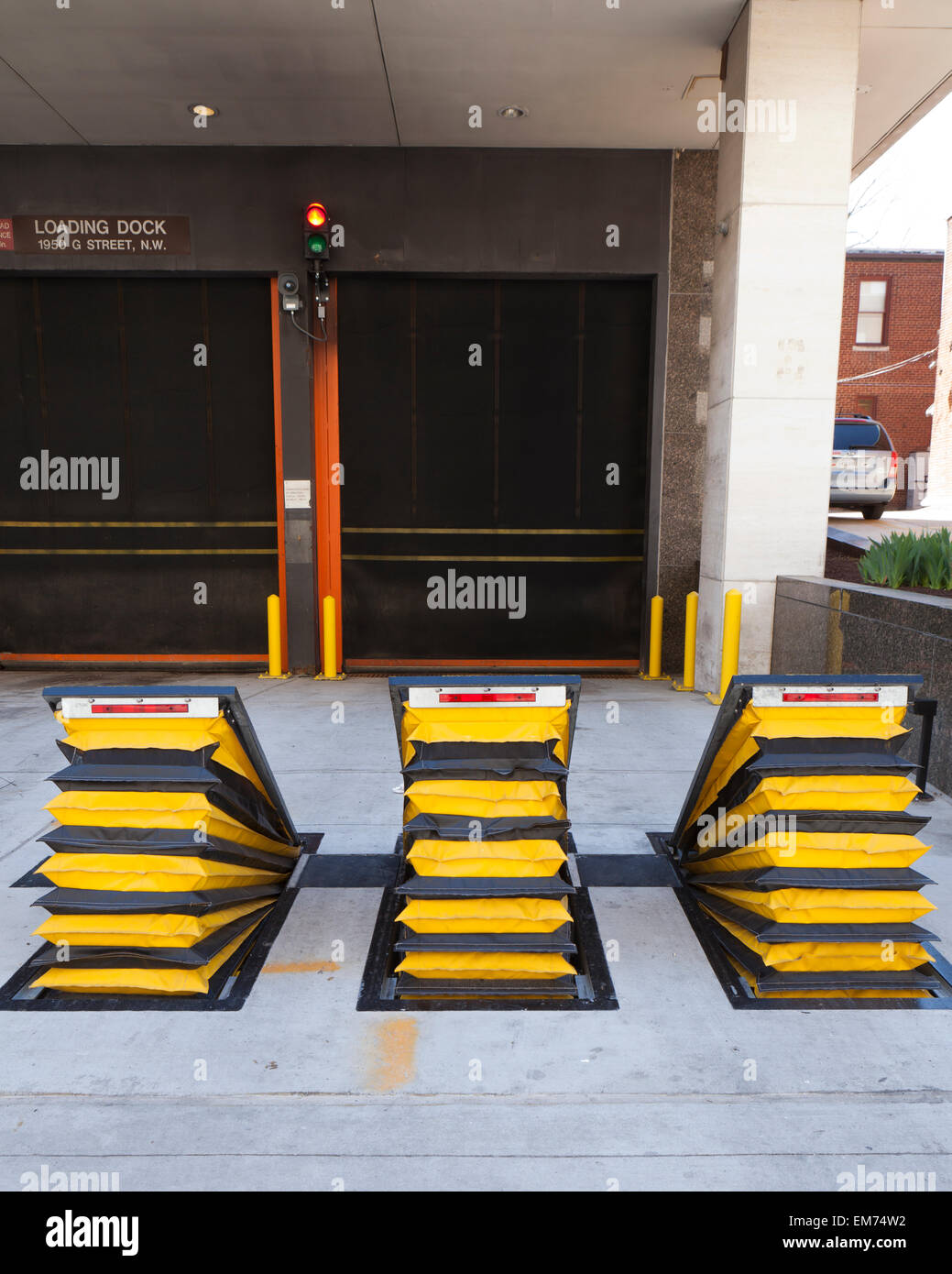 Wedge barrier vehicle barricades at US Federal building loading dock ...